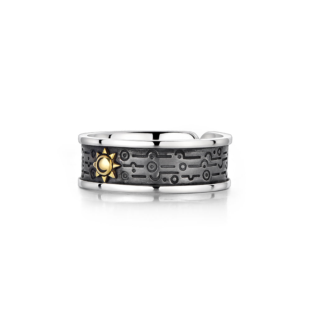 Cyber Sun & Moon Ring Band - Neo-Titanium Plated 925 Silver Futuristic ...