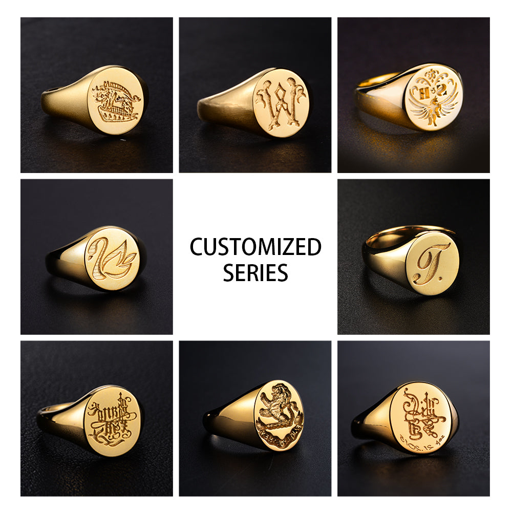 Custom Golden Round Signet Ring - 18K Gold or 925 Silver Engravable ...